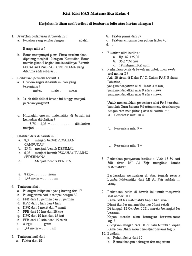 Kisi-Kisi Matematika Kelas 4 | PDF