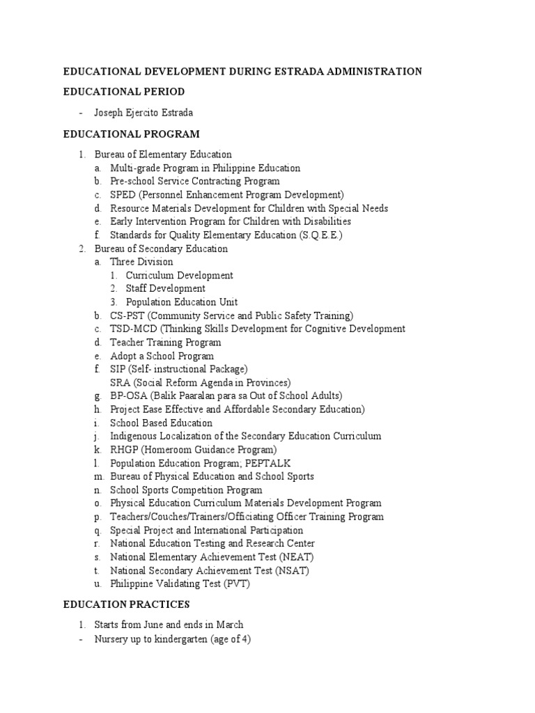 Educational Development During Estrada Administration | PDF | Schools ...
