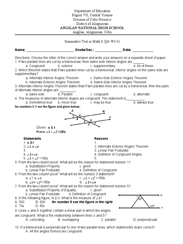 Summative Test Math 8 Q4 (3-4) | PDF | Mathematics | Elementary Mathematics