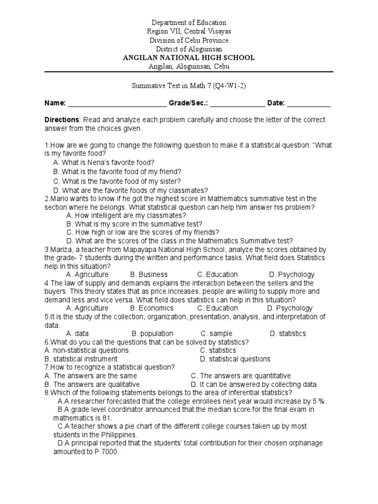 Summative Test Q4 Math 7 | PDF | Sampling (Statistics) | Statistics