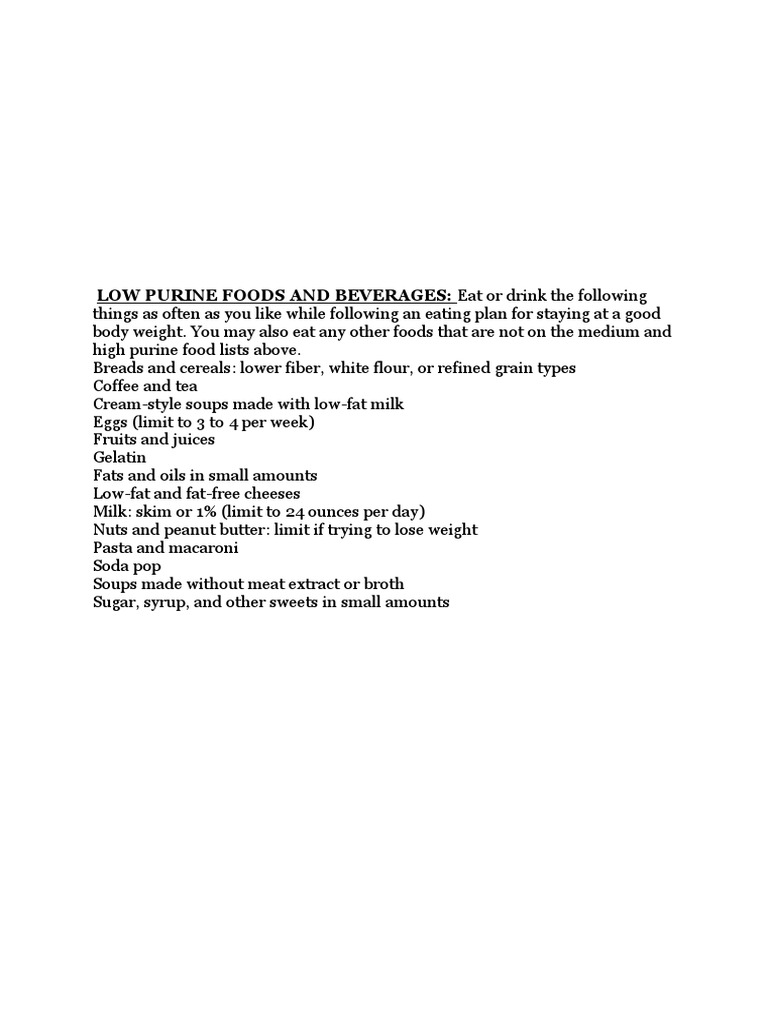 Low Purine Foods and Beverages Guide | PDF | Cooking, Food & Wine