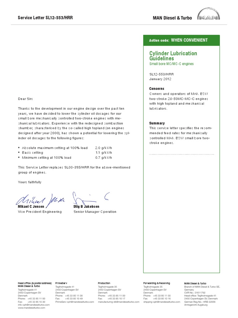 Cylinder Lubrication Guidelines: Service Letter SL12-553/HRR | PDF ...