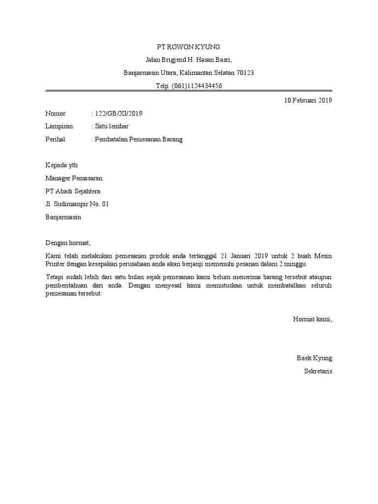 Pembatalan Pemesanan Barang PT Rowon Kyung | PDF