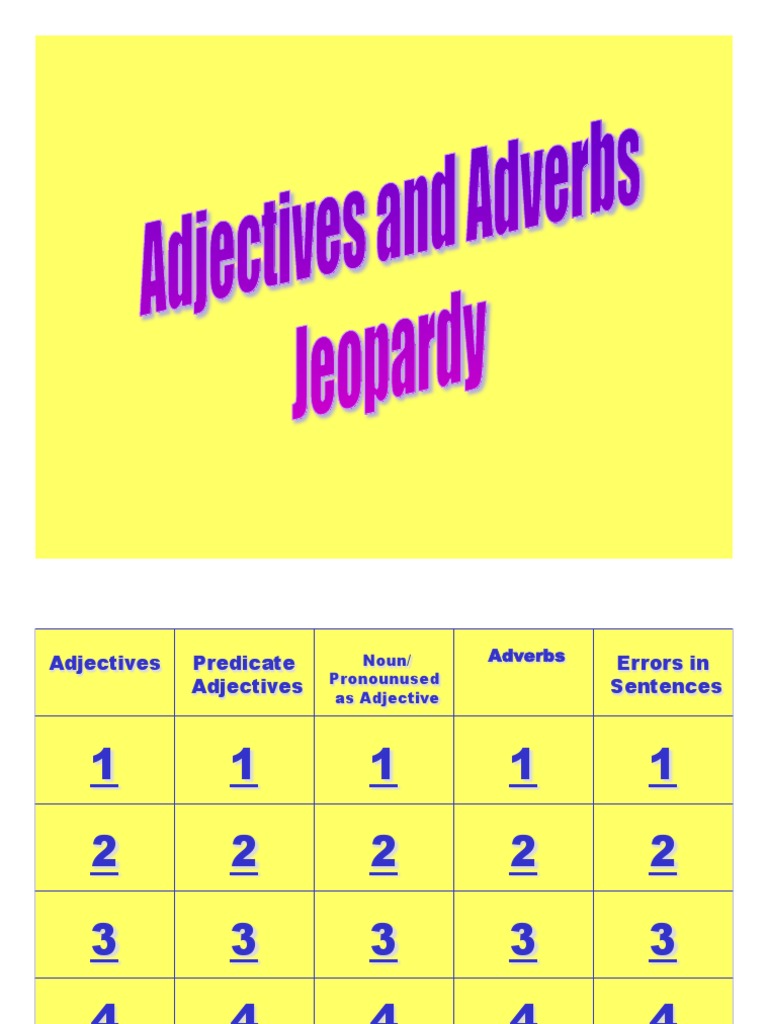 Adjective and Adverbs Jeopardy | PDF | Adjective | Adverb