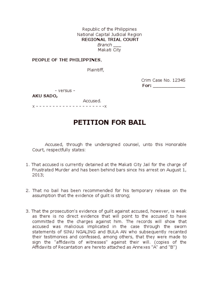Petition For Bail - Sample | PDF | Bail | Prosecutor