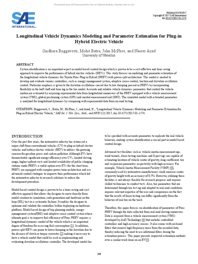 Longitudinal Vehicle Dynamics Modeling and Parameter Estimation For Plug-In Hybrid Electric ...
