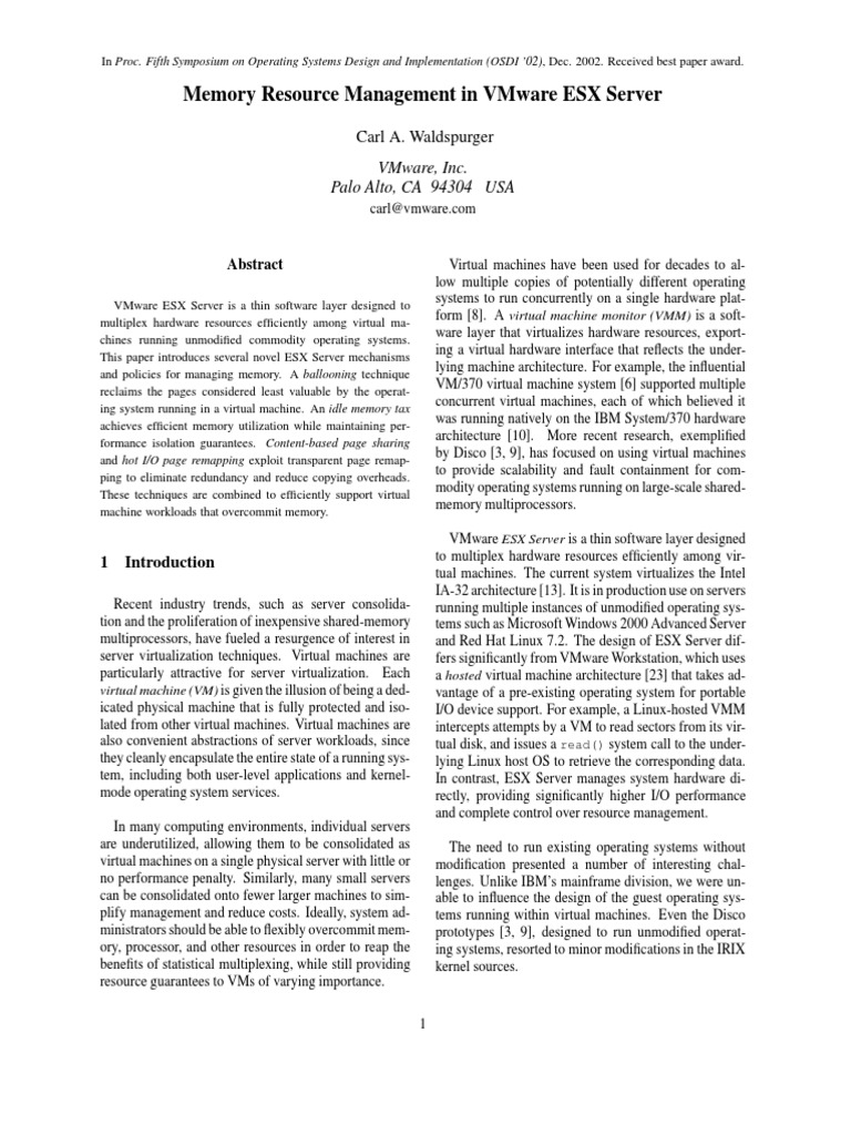 Memory Resource Management in Vmware Esx Server: Vmware, Inc. Palo Alto, Ca 94304 Usa | PDF ...