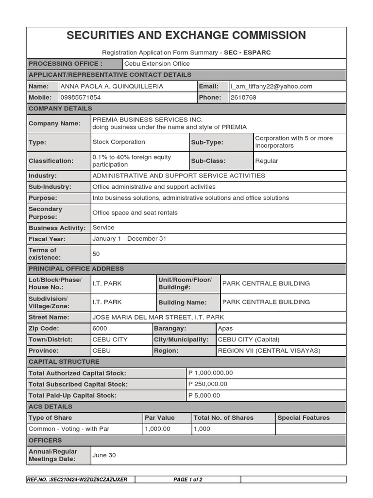 Application Summary Form - PREMIA 2 | PDF | Stocks | Financial Economics