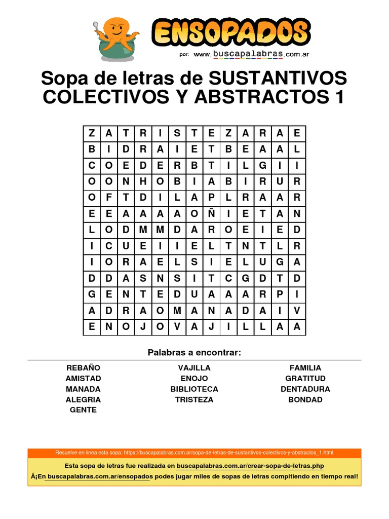 Sopa de Letras de Sustantivos Colectivos y Abstractos - 1 | PDF