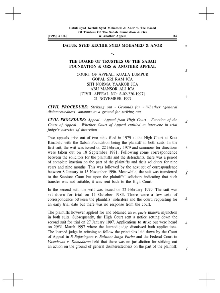 Syed Kechik V Board of Trustee Sabah (1998) 3 CLJ 169 | PDF | Lawsuit ...