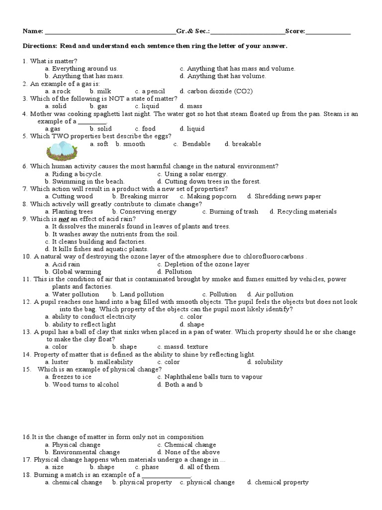 Matter and Environmental Awareness Quiz | PDF | Reuse | Recycling