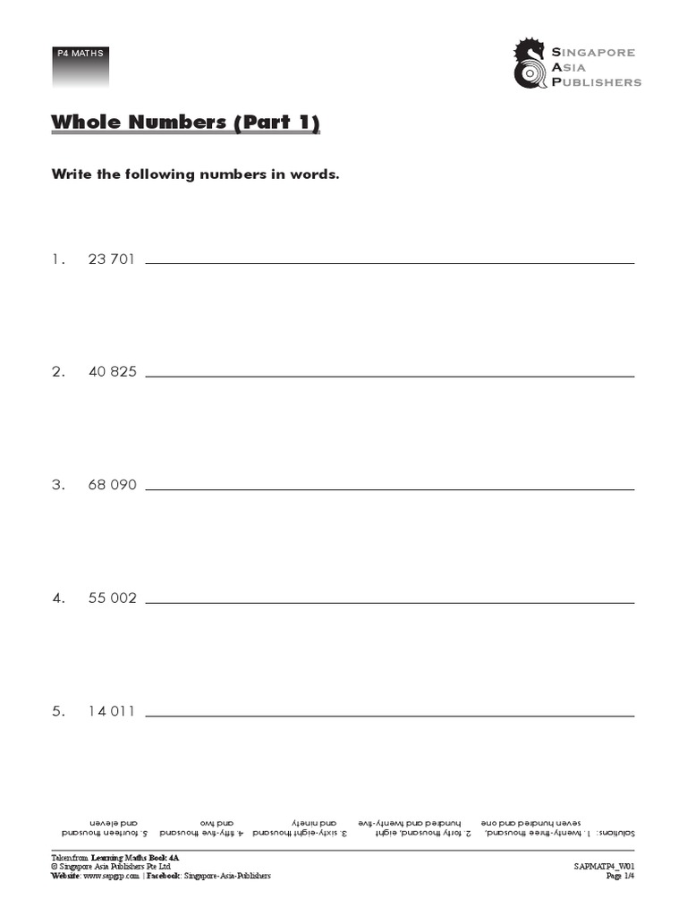 Whole Numbers (Part 1) : Write The Following Numbers in Words | PDF ...