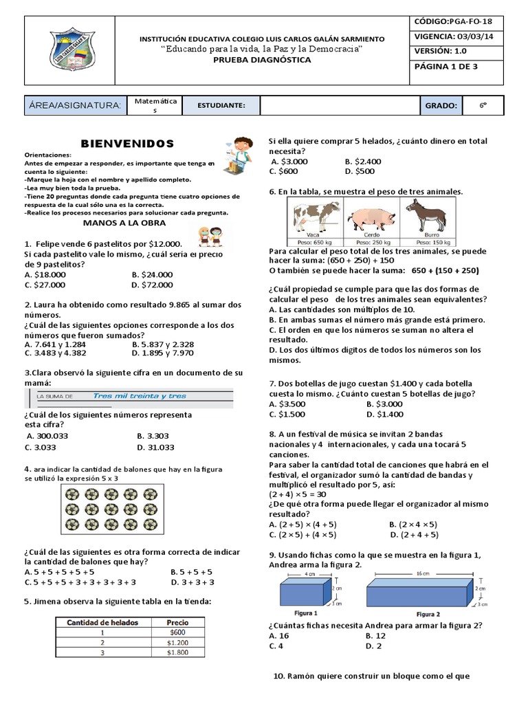 Prueba Diagnostica 2022 Grado 6 | PDF