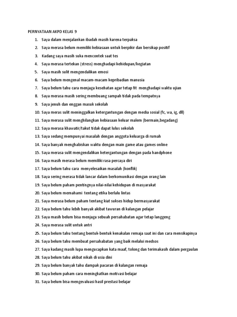 PERNYATAAN AKPD KELAS 9 Untuk Google Form | PDF