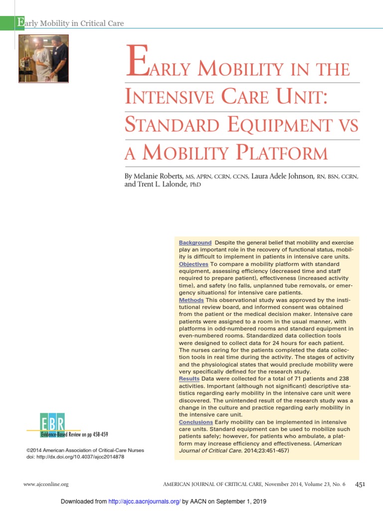 Early Mobility in The Intensive Care Unit Standard Equipment VS A ...