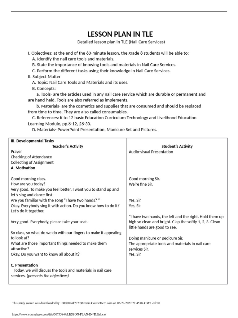 Lesson Plan in Tle: III. Developmental Tasks Teacher's Activity Student ...