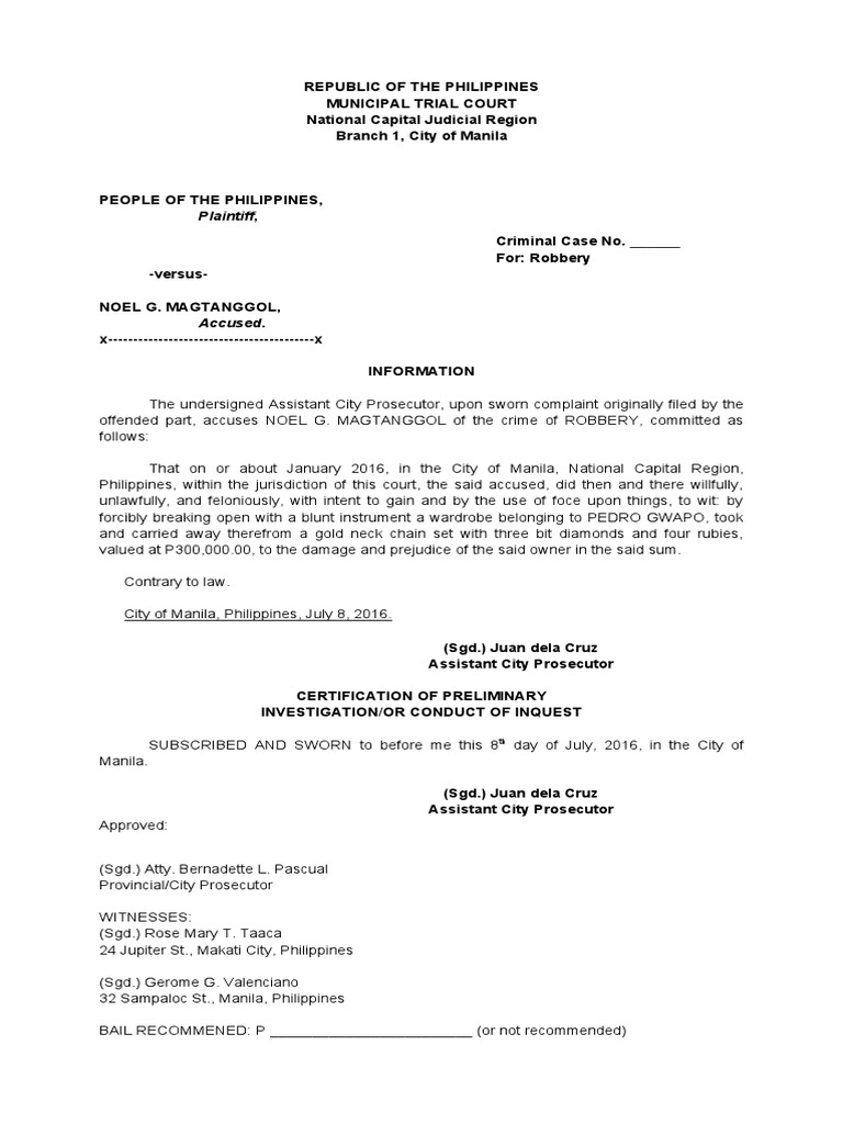 Form No. 87 Information For Robbery | PDF | Social Science | Law