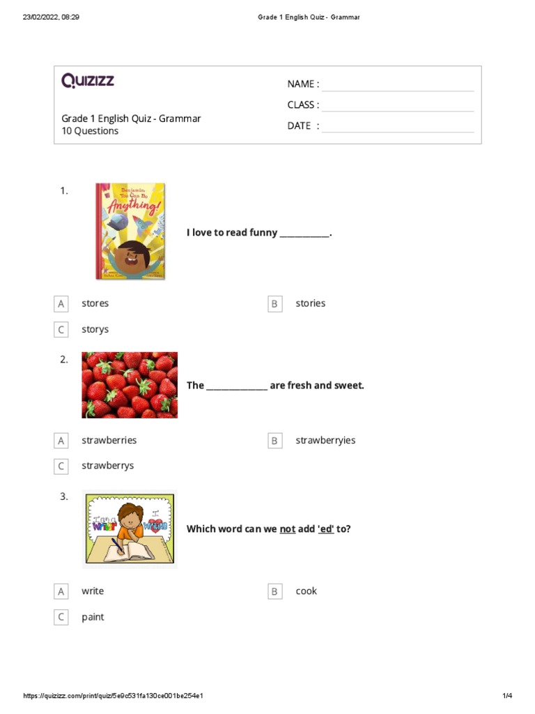 Grade 1 English Quiz - Grammar | PDF | Linguistics