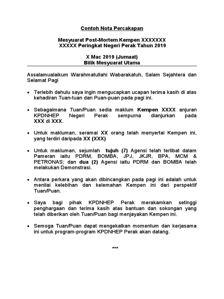 Contoh Nota Percakapan Mesyuarat Post Mortem | PDF