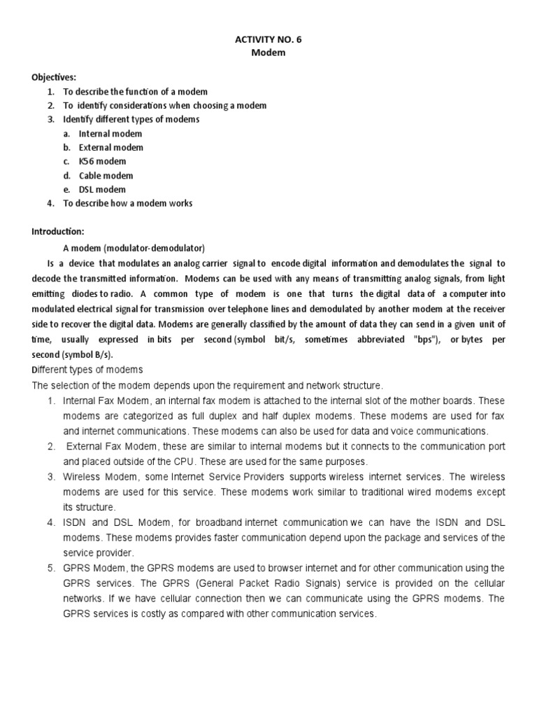 Activity No. 6 Modem: Objectives | PDF | Modem | Broadband