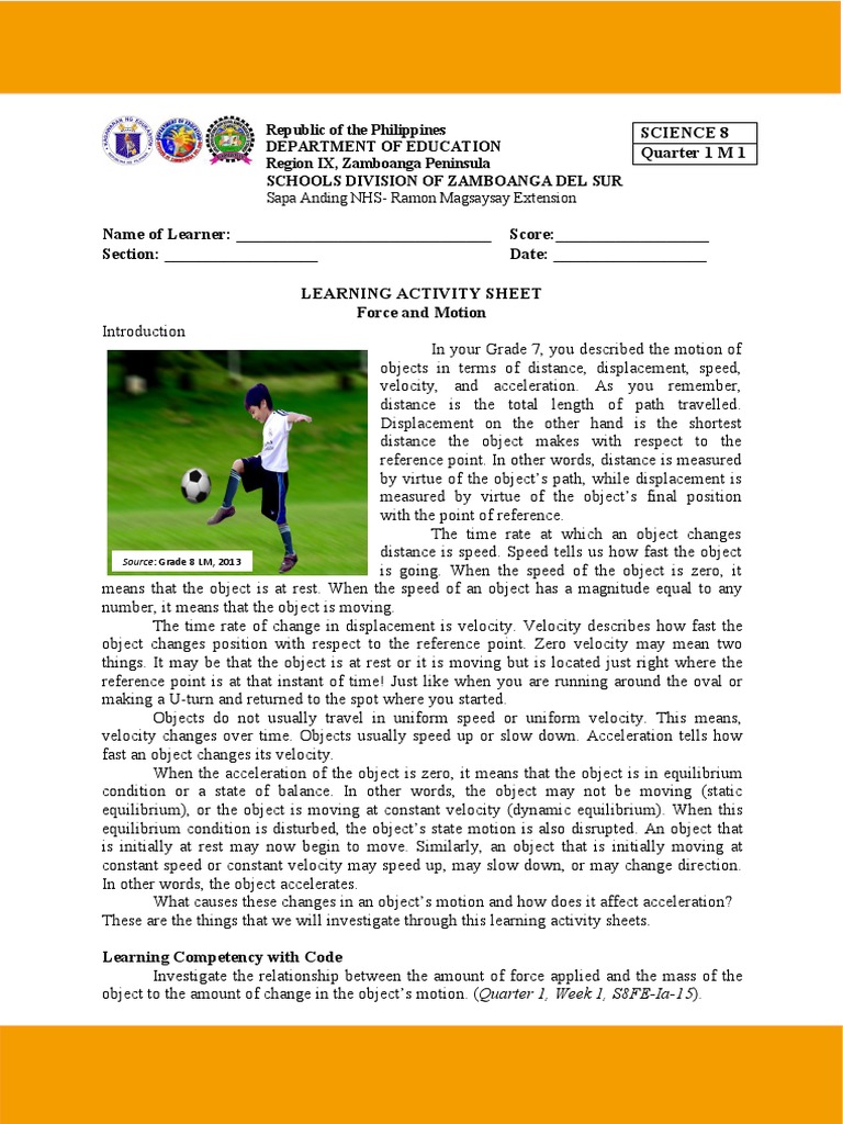 Grade 8 Science q1w1 - Force Final Revised | PDF | Force | Velocity