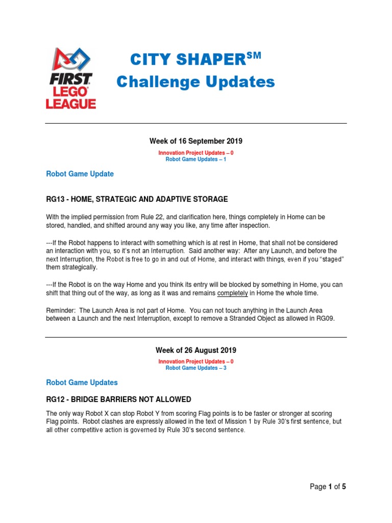 FIRST LEGO League 2020 City Shaper Challenge Updates | PDF | Robot ...