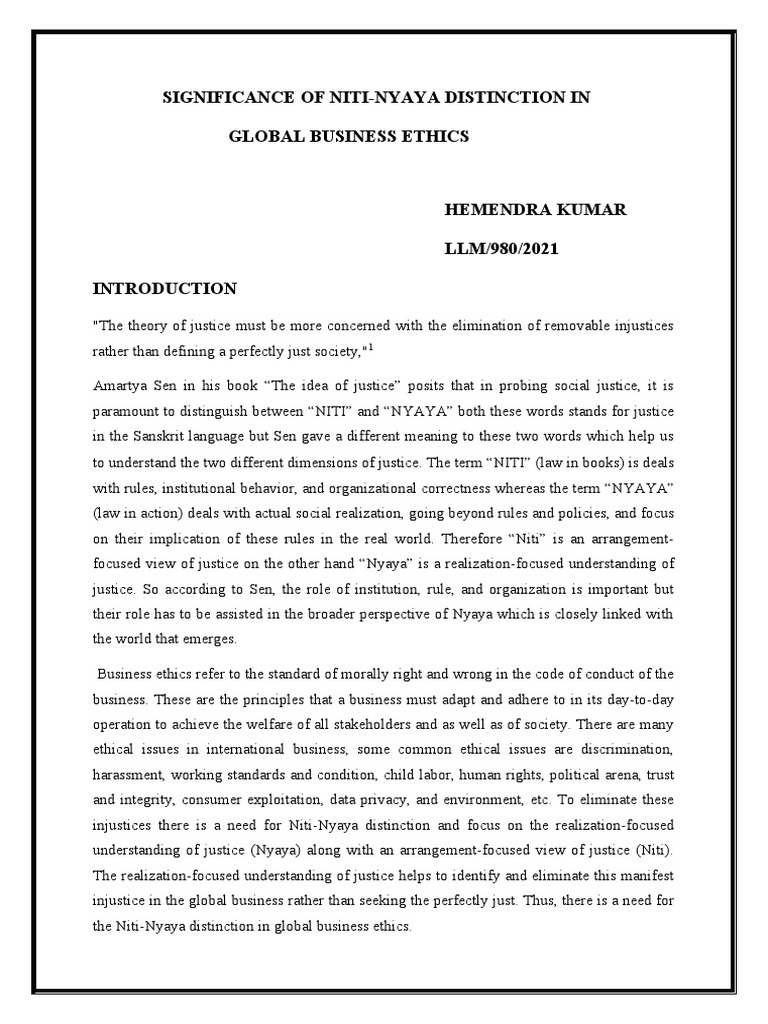 SIGNIFICANCE OF NITI-NYAYA DISTINCTION IN GLOBAL BUSINESS ETHICS - Edited | PDF | Corporate ...