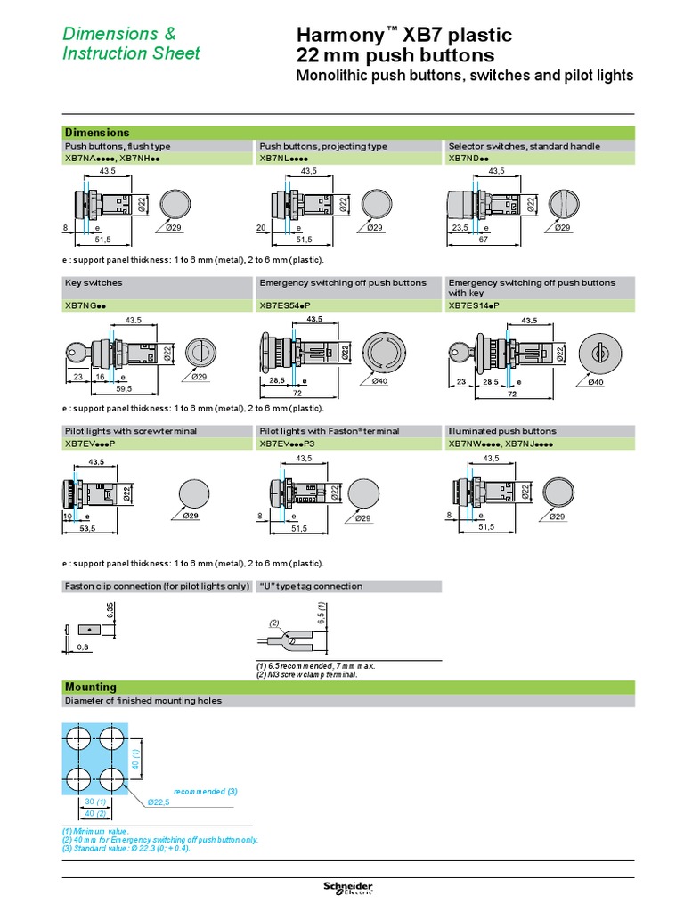 Harmony XB7 Plastic 22 MM Push Buttons: Dimensions & Instruction Sheet ...