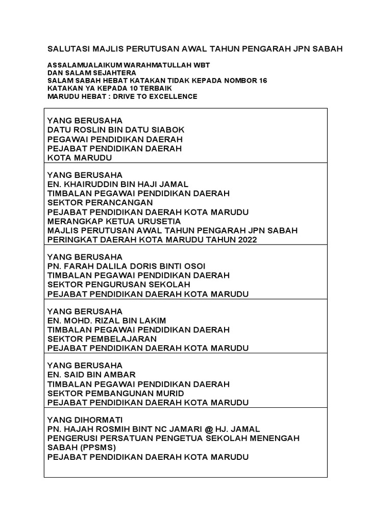 Salutasi Majlis Perutusan Awal Tahun Pengarah JPN Sabah | PDF