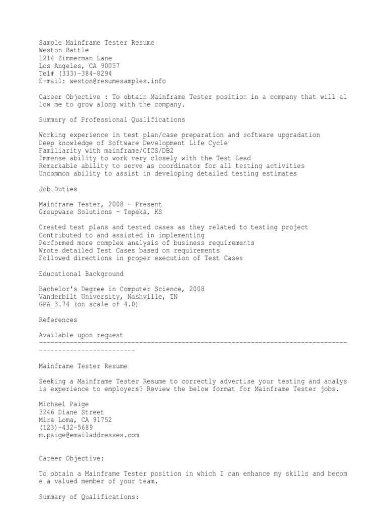 Mainframe Tester Resume Samples | PDF | Software Testing | Software ...