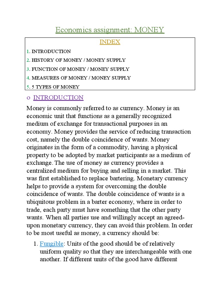 Economics Assignment: MONEY: Introduction | PDF | Money | Money Supply