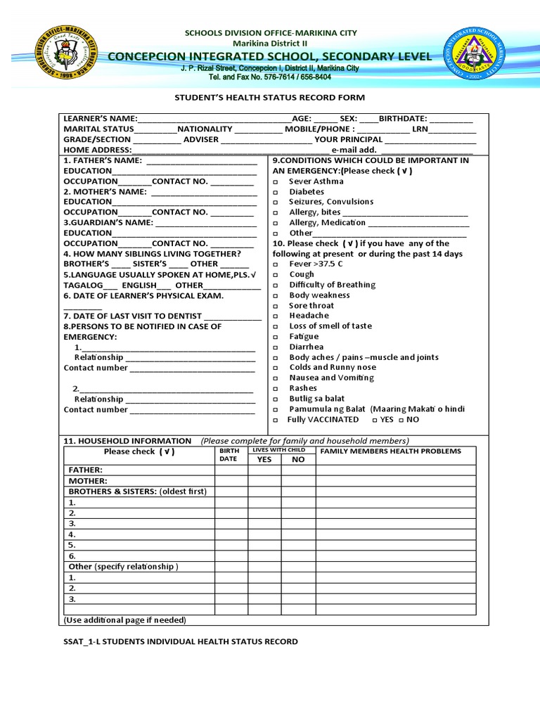 Concepcion Integrated School, Secondary Level: Student'S Health Status ...
