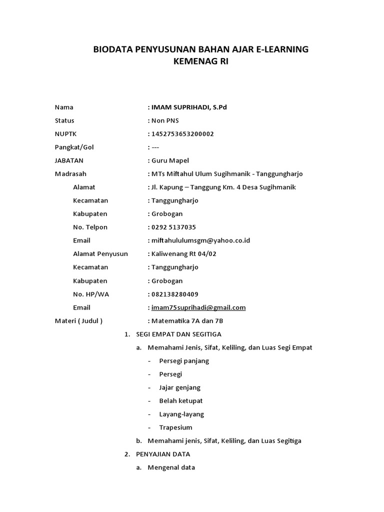 Biodata Penyusunan Bahan Ajar E-Learning | PDF