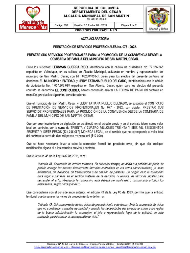 Acta Aclaratoria Leidy Puello | PDF