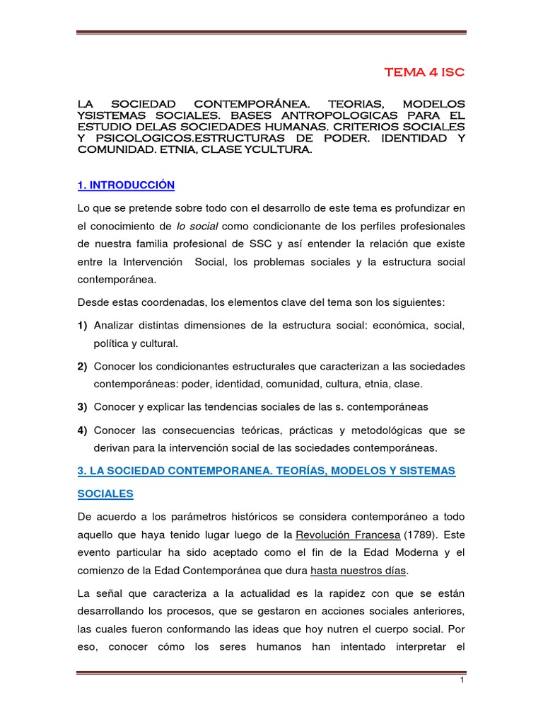 Tema 4 La Sociedad Contemporanea | PDF | Sociedad | Sociología