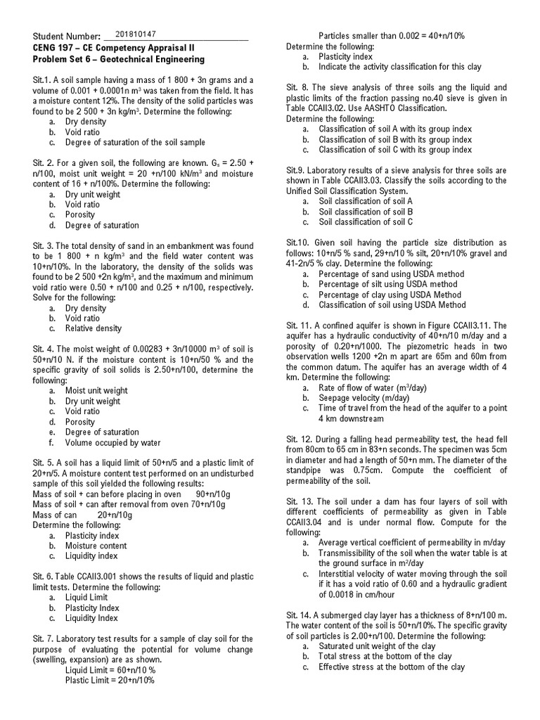 CENG 197 - CE Competency Appraisal II Problem Set 6 - Geotechnical Engineering | PDF | Physical ...
