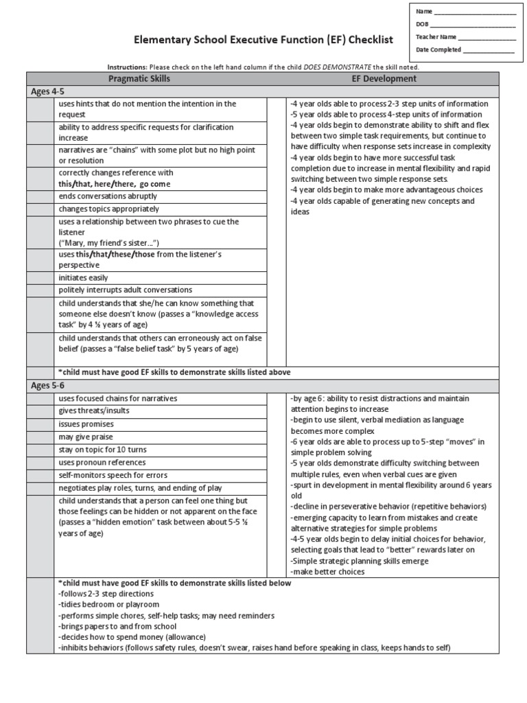 Elementary School Executive Function (EF) Checklist | PDF | Attention ...