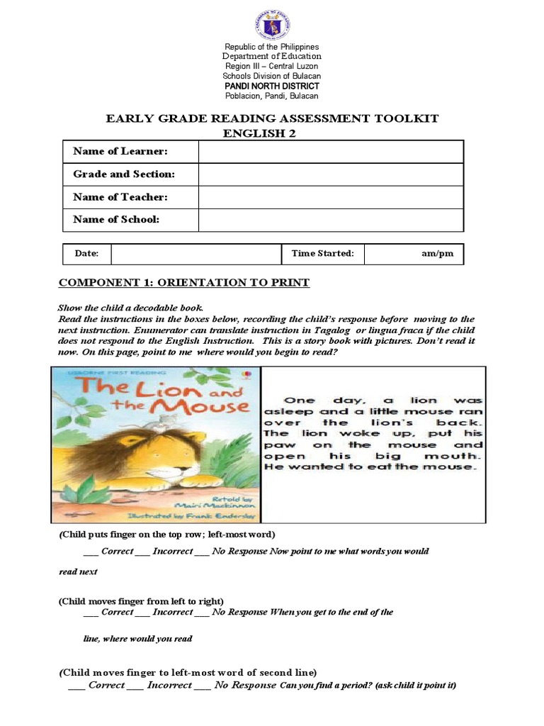 Early Grade Reading Assessment Toolkit English 2: Name of Learner ...