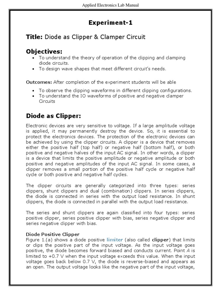 Experiment-1 Title: Diode As Clipper & Clamper Circuit Objectives ...