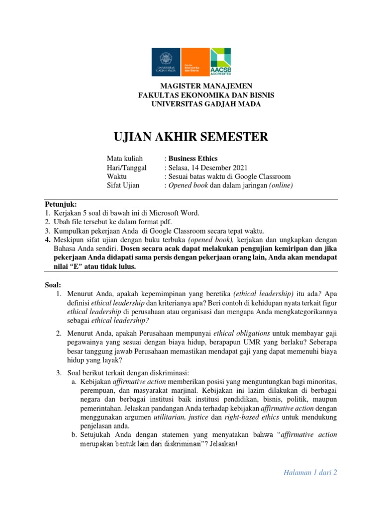 SOAL UAS-Business Ethics Sem 2 2020 2021 | PDF