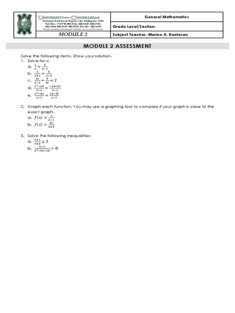 Module 2 Assessment General Mathematics Grade Level Section Subject