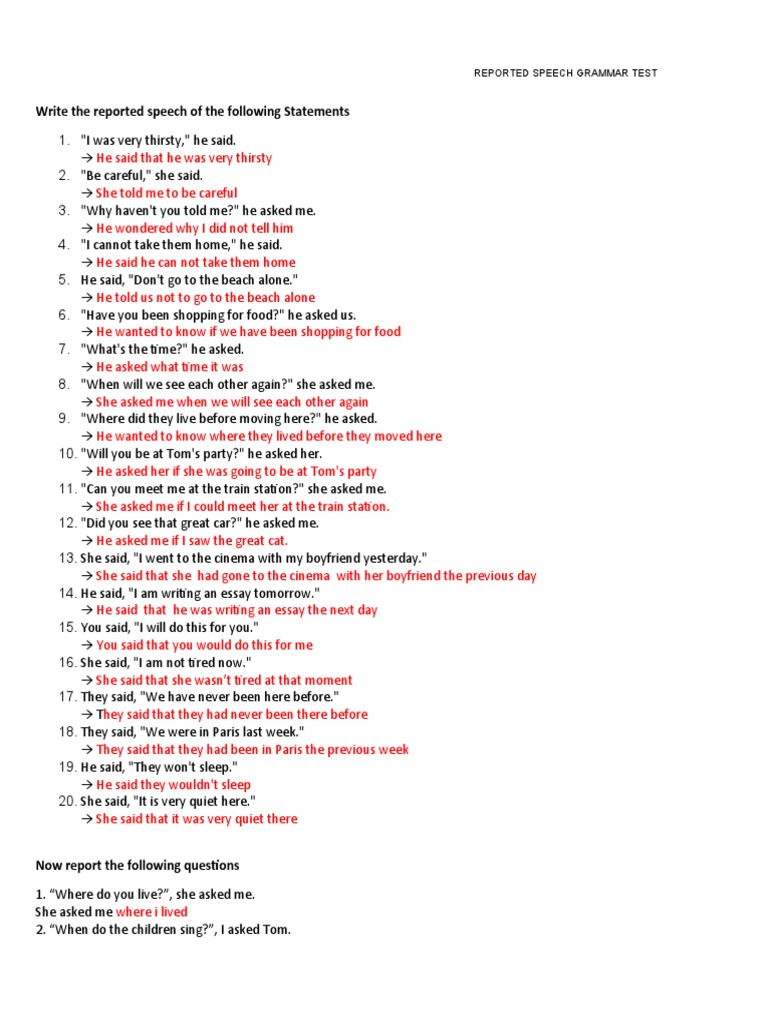 Reported Speech Grammar Test | PDF