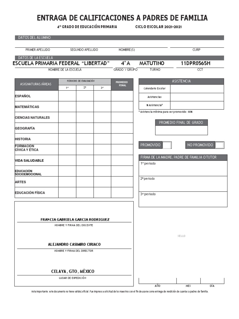 Boleta de Calificaciones 2024 Primaria | PDF | Educación primaria
