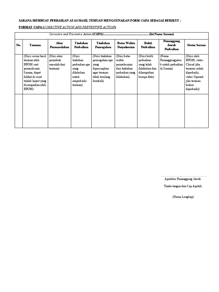 Petunjuk Pengisian CAPA | PDF