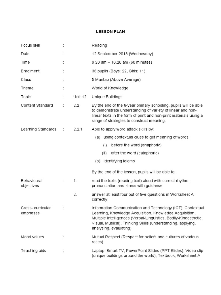 Lesson Plan English Year 5 Unit 12 - Reading Unique Buildings | PDF ...