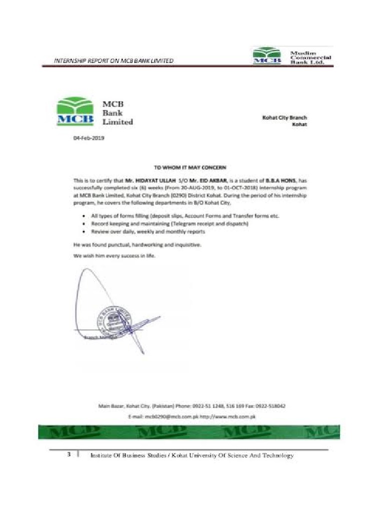 MCB Internship Letter | PDF