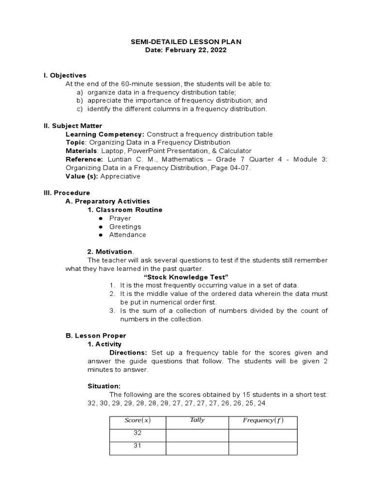 Grade 7 Frequency Distribution Lesson Plan | PDF