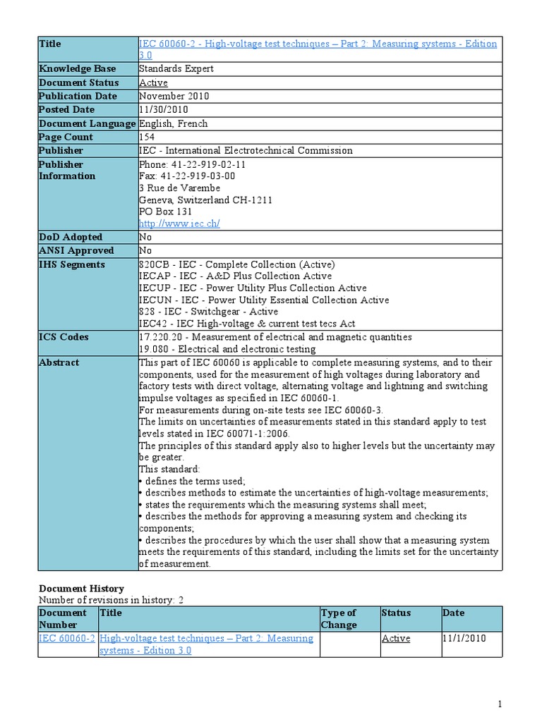 IEC 60060-2 - High-Voltage Test Techniques - Part 2: Measuring Systems ...