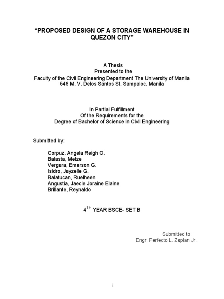 "Proposed Design of A Storage Warehouse in Quezon City": Submitted To ...