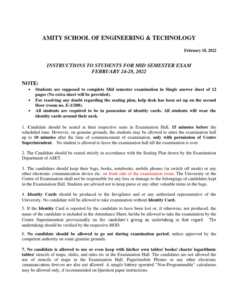 Instructions To Students For Mid Semester Examination - 2022 | PDF